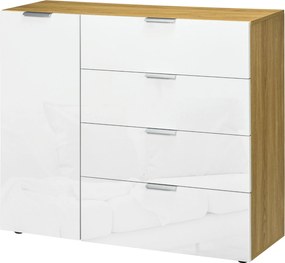 HOMCOM Komoda do ložnice, obývacího pokoje s 4 lesklými zásuvkami a nastavitelnými policemi pro jídelnu 105x35x92 cm Bílá a přírodní | Aosom