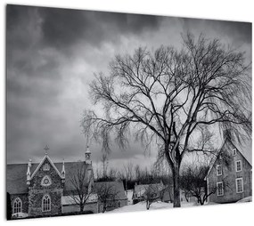 Skleněný obraz černobílé vesnice (70x50 cm)