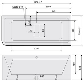 Polysan MARLENE CURVE R MONOLITH obdélníková vana 175x75x63cm, bílá/černá, 72034MCRB