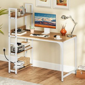 Costway Stůl s nabíjecí stanicí s otevřenou knihovnou natural – 120 × 65 cm