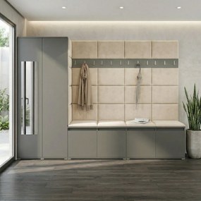 Předsíňová stěna Trinity 9 s čalouněnými panely, 290 cm, grafit/ krémově bílá