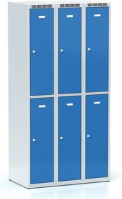 Kovová šatní skříňka S6 s úložnými boxy, 6 boxů, 1800 x 900 x 500 mm, otočný zámek, modré dveře