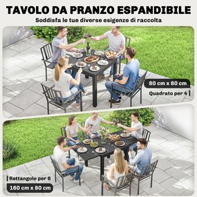 Outsunny rozkládací zahradní jídelní stůl pro 4–6 osob, 80/160 × 80 × 75 cm — černý, práškově lakovaný hliník s lamelovým povrchem
