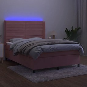 Box spring postel s matrací a LED růžová 140x200 cm samet 3139630