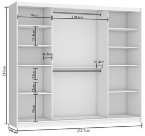 Designová šatní skříň Arvin 233 cm - černá / bílá