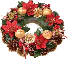 Adventní šiškový věnec POINSETTIA s mašlí 30 cm