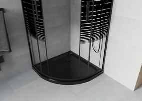 Mexen Rio, čtvrtkruhový sprchový kout s posuvnými dveřmi 80 (dveře) x 80 (dveře) x 190 cm, 5mm čiré sklo s pásky, černý profil + černá sprchová vanička SLIM, 863-080-080-70-20-4170B