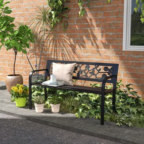 Zahradní lavice Outsunny z oceli, dvoumístná venkovní lavice s dekorativním opěradlem a loketními opěrkami, 127x50x75 cm, černá