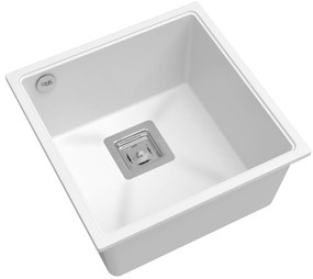 Sink Quality Argon 50, kuchyňský granitový dřez 420x420x225 mm + chromový sifon, bílá, SKQ-ARG.W.1KBO.50.X