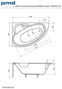 BESCO Asymetrická vana BIANKA Nožičky k vaně - S nožičkami, Rozměr vany - 150 × 95 cm, Způsob provedení - Levé VANBIAN150L+OLVPINOZ