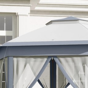 Outsunny skládací pavilon 4 x 4 m Šestiúhelníkový design Sítě proti hmyzu, voděodolná ventilační střecha pro grilovací párty Šedá+Bílá