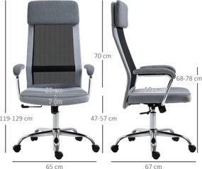 Vinsetto Ergonomická otočná kancelářská židle, nastavitelná výška a funkce houpání, síťovina, 65x67x119-129cm, Šedá