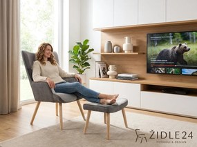 Relaxační křeslo ušák s podnožkou LYRO - šedá patchwork látka