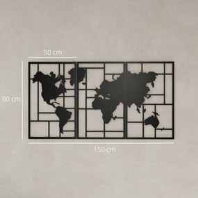HOMCOM kovová nástěnná mapa světa, sada 3, černá geometrická dekorace na zeď do obývacího pokoje, ložnice, chodby