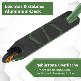 Costway Kaskadérský skútr s 360° řízením a PU koly a hliníkovou palubou – zelený
