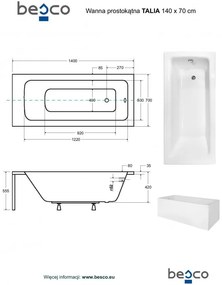 BESCO Obdélníková vana TALIA Nožičky k vaně - Bez nožiček, Rozměr vany - 140 × 70 cm VANTAL14