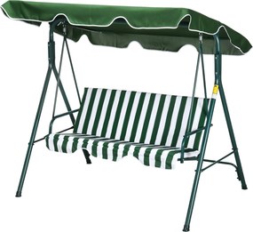 Outsunny Zahradní houpačka pro 3 osoby s nastavovací markýzou a ocelovou konstrukcí pro balkon, terasu, patio Nosnost 240 kg 172x110x153 cm Zelený pru