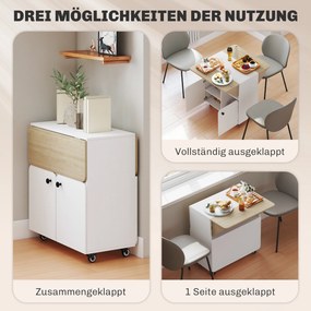 HOMCOM Skládací stůl s pojízdnou skříňkou, dvě sklápěcí stolní desky, skříňová přihrádka, 4 kolečka, bílá + přírodní dřevo, 70 x 83 x 75 cm