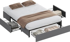 HOMCOM manželka postel 140x190 cm lamelový rošt se 3 zásuvkami a kovovým rámem, nosnost 363 kg, šedá