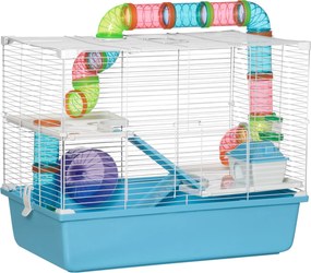 PawHut Klec pro Křečky a Hlodavce 3 Úrovně s Tunelovým Systémem, Lahvičkou na Vodu, Kolotočem, Domkem a Žebříky - rozměry 59L x 36W x 47H cm