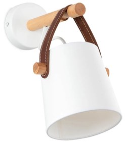 Light for home - Bílé nástěnné svítidlo s koženým řemínkem a stínítkem 60201 "RIONI", 1x40W, E27, bílá, přírodní olše, hnědá kůže