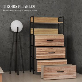 HOMCOM Úložná skříň v industriálním stylu s 3 vyjímatelnými textilními zásuvkami a 2 policemi - 60 x 29 x 101 cm - Vzhled dřeva a černého kovu