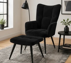 křeslo relaxační, s podnožkou, odpočinkové, ušák, kov/samet, 98x63x69 cm, černá/černá, Dekorino KR20260018