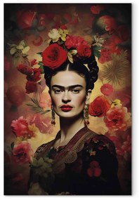 Obraz Frida Kahlo - Portrait With Roses and Leaves on a Dark Brown Background