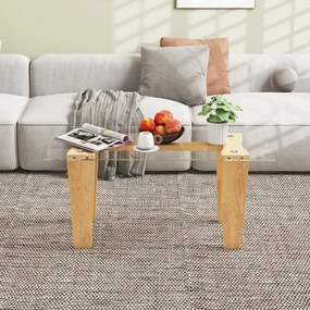 Costway Skleněný konferenční stolek s pryžovými dřevěnými nohami Obdélníkový