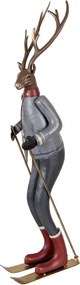 Šedo-hnědá antik kovová dekorace jelen na lyžích Deer - 19*15*65 cm