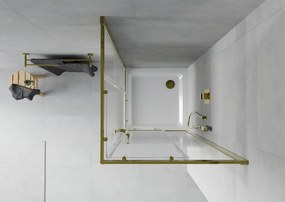 Mexen Rio, čtvercový sprchový kout s posuvnými dveřmi 80 (dveře) x 80 (dveře) x 190 cm, 5mm čiré sklo s pásky, zlatý profil + bílá sprchová vanička SLIM, 860-080-080-50-20-4010G