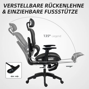 HOMCOM Ergonomická kancelářská židle s opěrkami, opěrkou hlavy, bederní oporou, výškově nastavitelná, otočná židle s funkcí houpání, sklopným mechani…