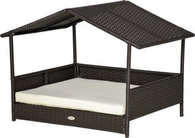 PawHut ratanová bouda pro psy s polštářem 98 x 69 x 73 cm pelíšek ve formátu domečku venkovní bouda pro psy z ocelového rámu PP kávově hnědá | Aosom.…