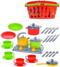 _Ostatní 1_ Kuchyňský set dětské nádobí s vařičem v nákupním košíku plast 34555