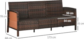 Outsunny Ratanová pohovka s polstry, pro 3 osoby, zahradní lounge pohovka, ocel, hnědá, 173 x 68 x 78 cm