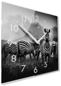 Dekorační černobílé skleněné hodiny 30 cm s motivem zebry