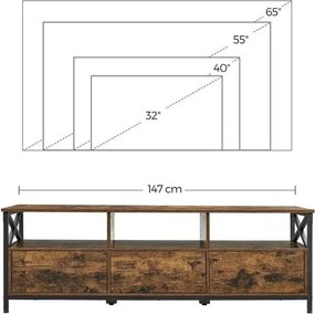 TV stojan se 3 zásuvkami a úložnými policemi, 147 x 50 x 40 cm, rustikální