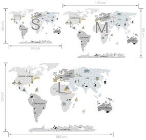 Dětské nástěnné samolepky MAPA SVĚTA šedé Zvolte rozměr: S, Zvolte jazyk: Český