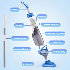 Bazénový čistič, akumulátorový bazénový vysavač s nastavitelnou rukojetí 63-150 cm a kartáčem pro malé bazény, vířivé vany a jezírka