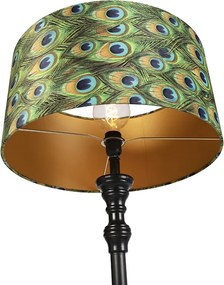 Stojací lampa černá s sametovým stínítkem Peacock Gold 50 cm - Classico