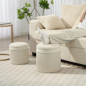HOMCOM 2ks Sedací taburet s úložným prostorem, taburet s víkem, kulatý nožní stolička s sametovým vzhledem 36 x 41,5 cm krémově bílá