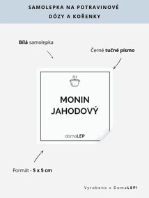 Samolepka na láhev MONIN JAHODOVÝ 5 x 5 cm – bílá vinylová, voděodolná, omyvatelná samolepka na dózy, tučné písmo