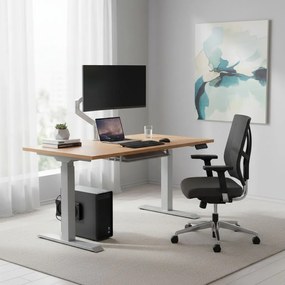 Výškově nastavitelný stůl OfficeTech D, 140 x 80 cm, šedá podnož, buk
