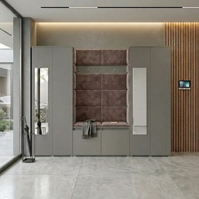 Předsíňová stěna Trinity 10 s čalouněnými panely, 280 cm, grafit/ světle hnědá