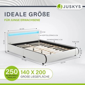 Juskys Čalouněná postel Sevilla s LED osvětlením Barva: tmavě šedá, Velikost: 140 × 200 cm