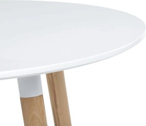 Stůl jídelní, kovová kostrukce, dřevěné nohy, MDF – bílý matný lak (90 x 90) cm