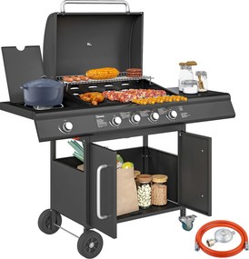Outsunny Plynový gril 15,2 KW, grilovací vozík včetně 5 nerezových hořáků, kolečka, boční vařič, 129,5 x 56 x 110 cm, černá