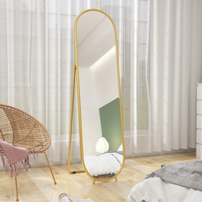 HOMCOM oválné celoformátové volně stojící zrcadlo, 50 × 180 cm — nerozbitné sklo, kovový rám a stojan, zlaté — do ložnice, obýváku, předsíně