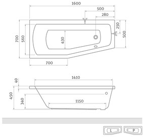 Asymetrická rohová akrylátová vana MINI S 1600 × 700 Levá MINI (L) 210 l N-8000073