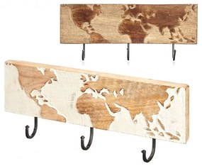 Nástěnný věšák z mangového dřeva 38 x 16 x 5 cm (6 kusů) s mapou světa